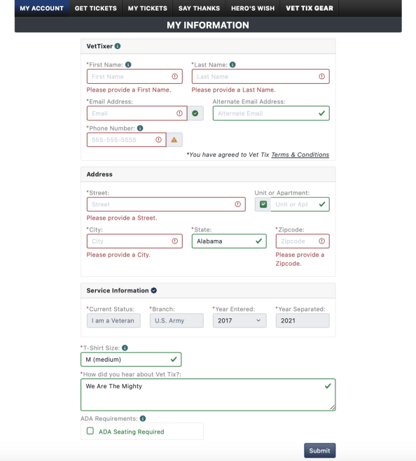 Steps for vets and service members to get free event tickets with Vet Tix
